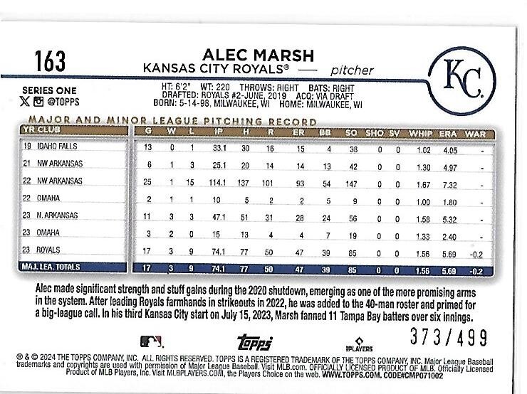2024 Topps Series 1 Baseball Green Foil RC Alec March Royals 373/499 | eBay