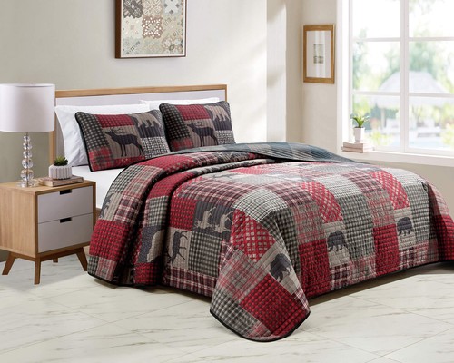 Rustic Log Cabin Lodge Quilted Grey Charcoal Deep Red Reversible Plaid ...