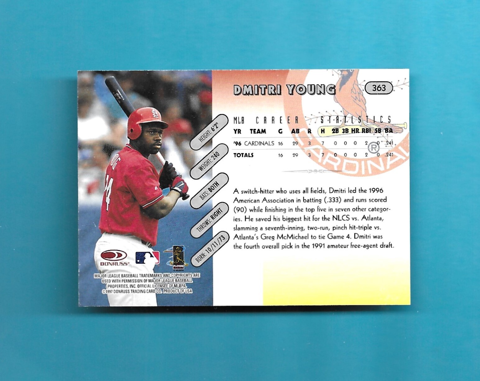 1997 Donruss ROOKIE RC Card # 363 DMITRI YOUNG ST. LOUIS CARDINALS ...