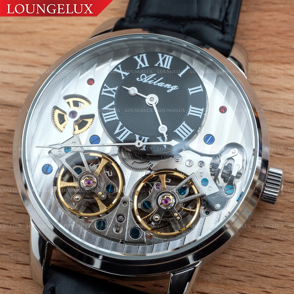 Mens Double Flywheel Automatic Mechanical Watch Silver Black Dial Black ...