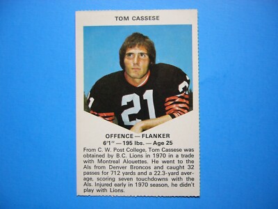1971 CHEVRON TOUCHDOWN CFL FOOTBALL B.C. LIONS CARD TOM CASSESE SHARP ...