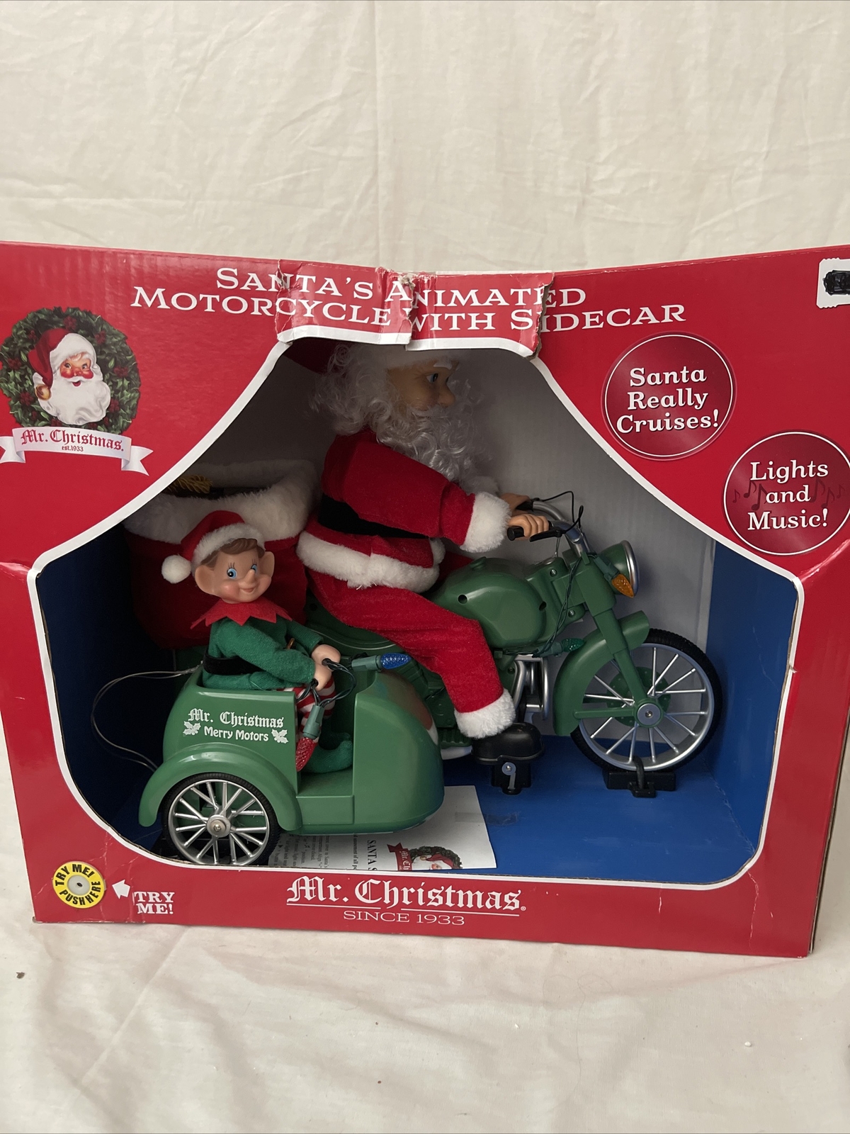 New Mr. Christmas Motorcycle Sidecar Santa & Elf Music Motion Lights 15 ...