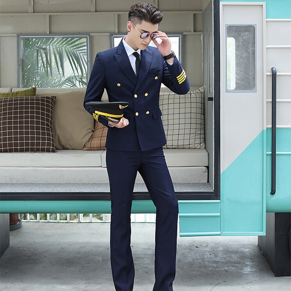 Mens Airline Captain Suit Jacket Pants Pilot Blazer Aviator Costume ...