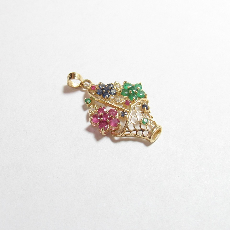Estate 14K Yellow Gold Natural Sapphire, Ruby, Emerald, Diamond Pendant ...