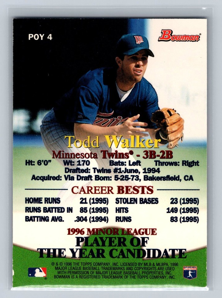 1996 Bowman Minor League POTY Candidate Todd Walker #POY4 Minnesota ...