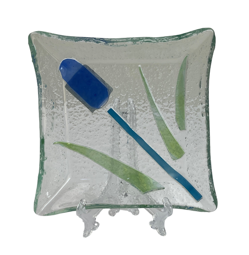 DORIS Plate Dish Signed Fused Glass Square Green Blue Tulip Made In ...