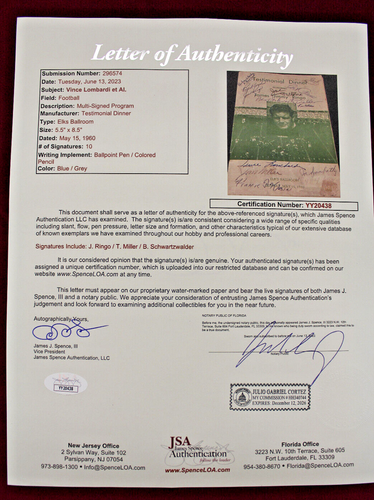 1960 Vince Lombardi Autographed Jim Ringo Testimonial Dinner Program ...