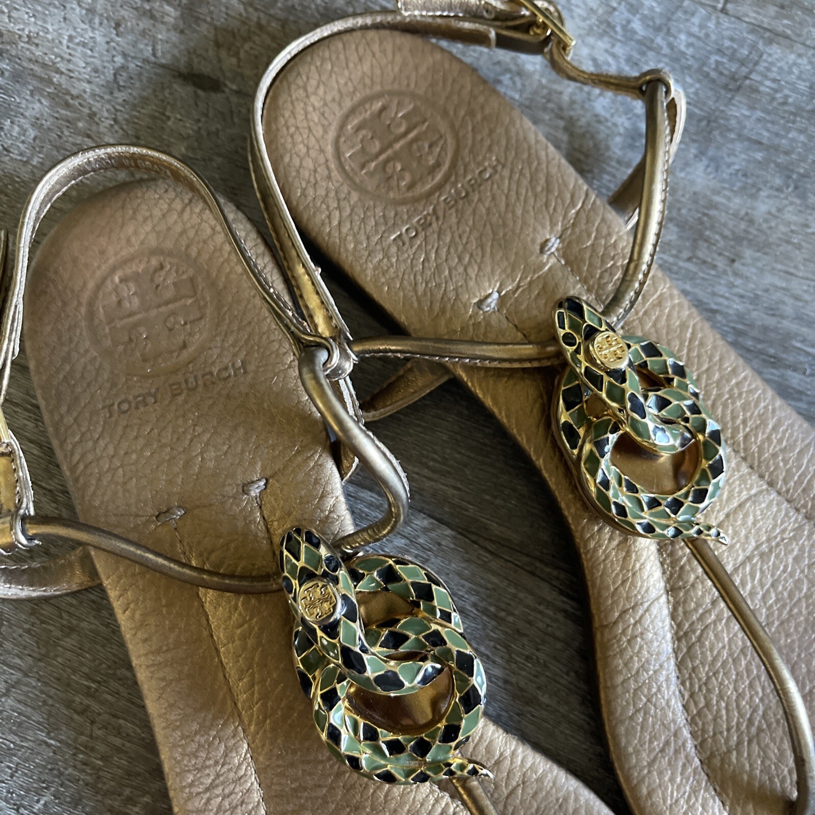 RARE Tory Burch Snake Charm Logo Bronze Metallic Leat… - Gem