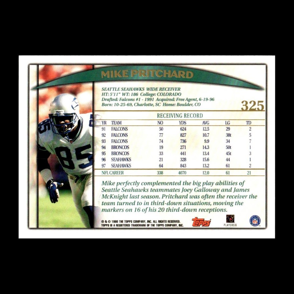 Mike Pritchard 1998 Topps Seattle Seahawks #325 R324B 82 | eBay