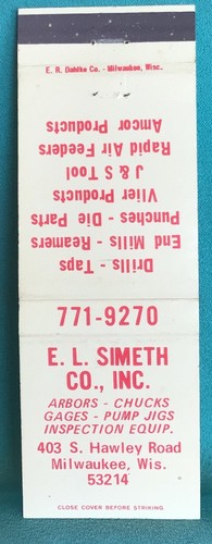 Matchbook Cover E.L. Simeth Co. Inc. Milwaukee Wisconsin Arbors Gages ...