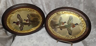 2 Pheasant Wood Wall Hanging Plaque brass Metal Etching Oval 11 ...