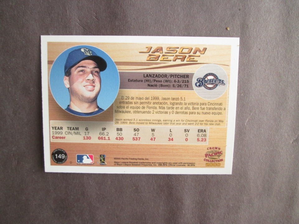 2000 PACIFIC CROWN COLLECTION PREMIER DATE CARD JASON BERE MILWAUKEE ...