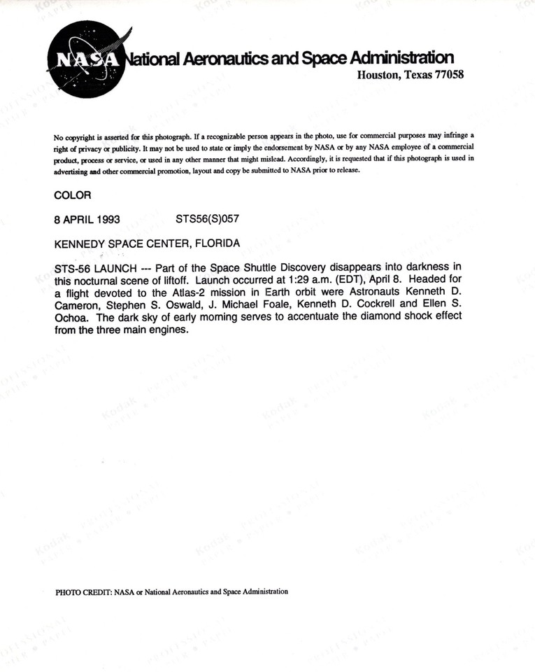 STS-56 Discovery Night Launch Rocket Plume Shuttle 1993 - Original NASA ...