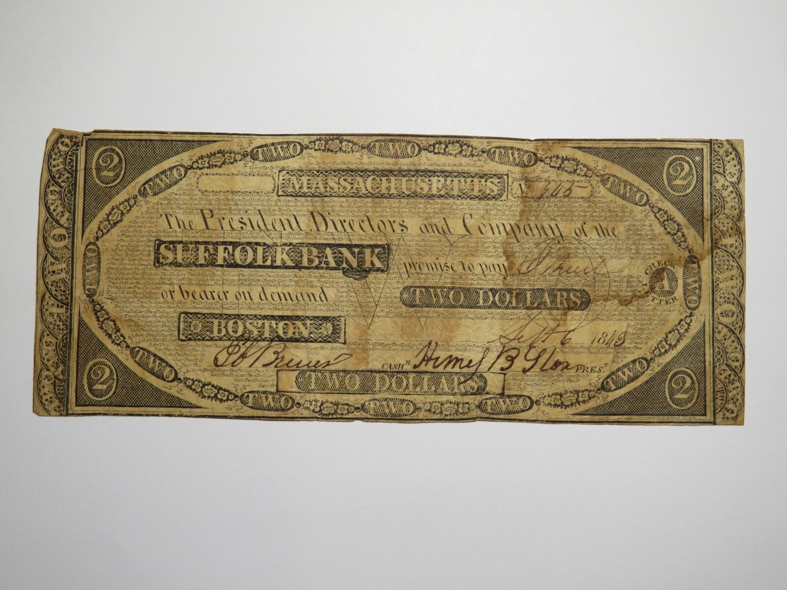 $2 1843 Boston Massachusetts MA Obsolete Currency Bank Note Bill ...