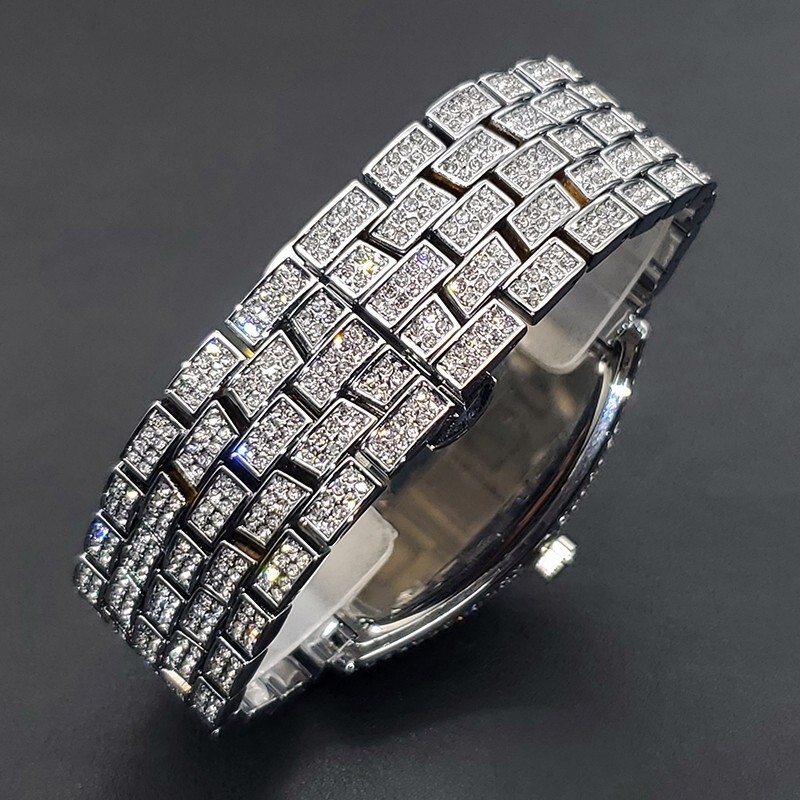 Men's Ice Out Watch Quartz Waterproof Stainless Steel Diamond Silver ...