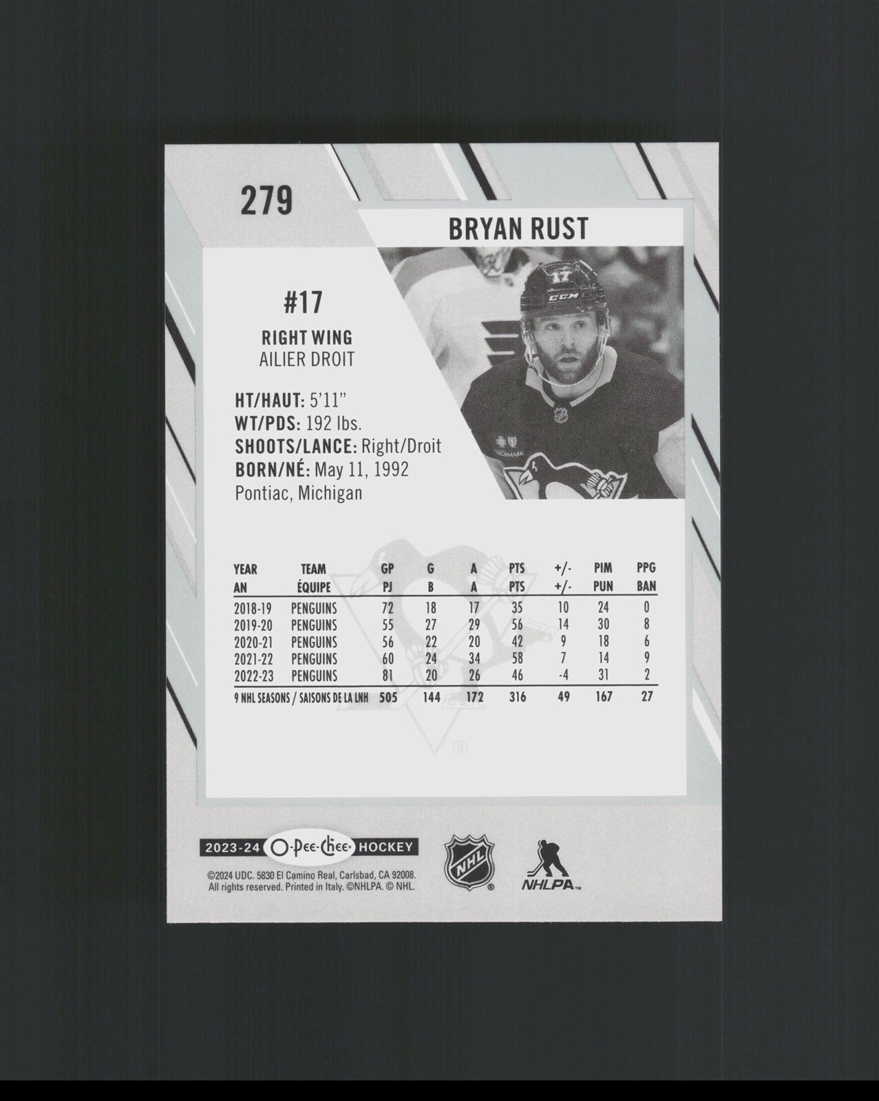 2023-24 O-Pee-Chee OPC #279 Bryan Rust, Pittsburgh Penguins HOCKEY CARD ...