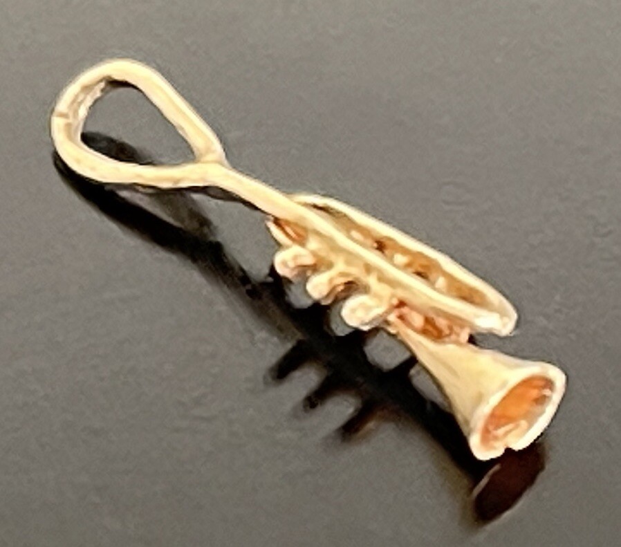 14K Solid Yellow Gold Musical Trumpet Pendant Charm - Gem