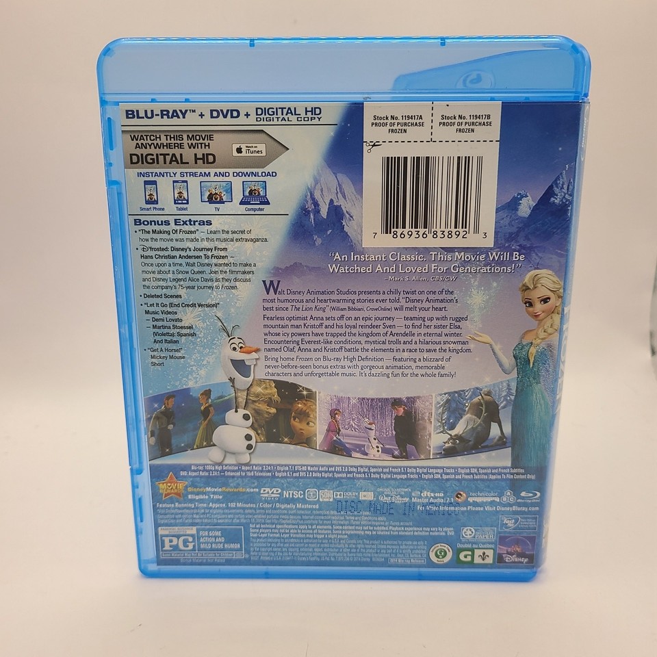 Frozen Blu-ray/DVD, 2014, 2-Disc Set Disney Digital Copy Collector’s ...