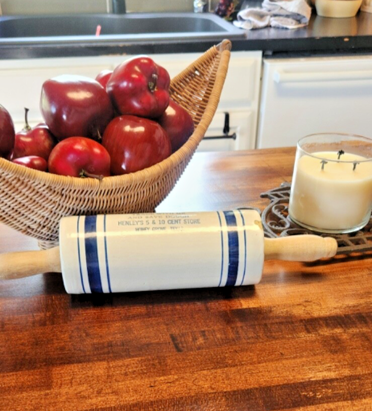 Antique Crock Stoneware and Wood Rolling Pin Advertising Henley's 5 ...