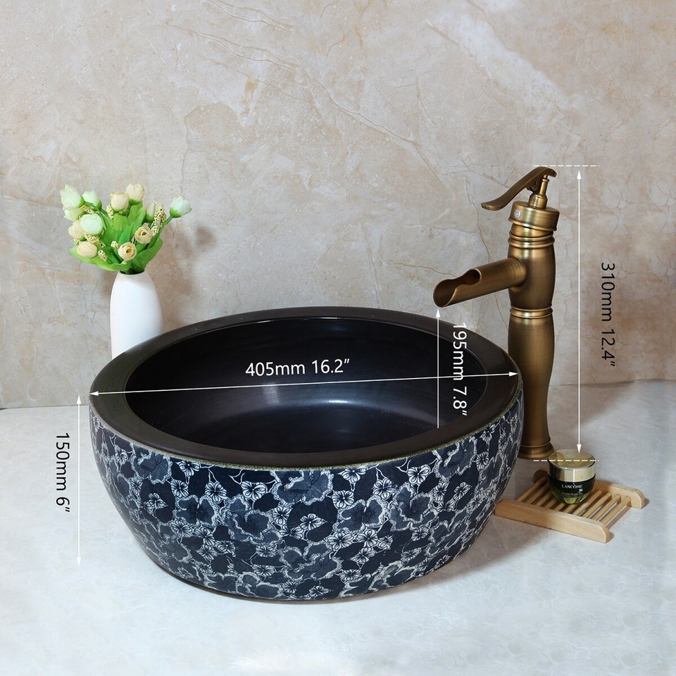Black Round Ceramic Wash Basin Bowl Sink Antique Brass Mixer Faucet Tap ...