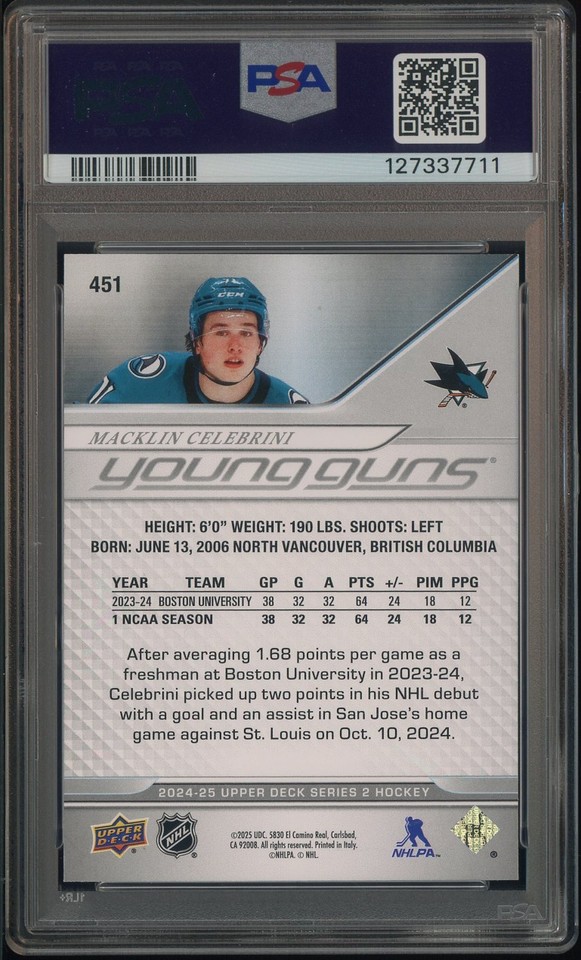 2024-25 Upper Deck Hockey Young Guns #451 Macklin Celebrini RC Rookie ...