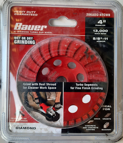 Bauer 4" Diamond Turbo Cup Wheel Heavy Duty Wet Dry Grinding 206AGD ...