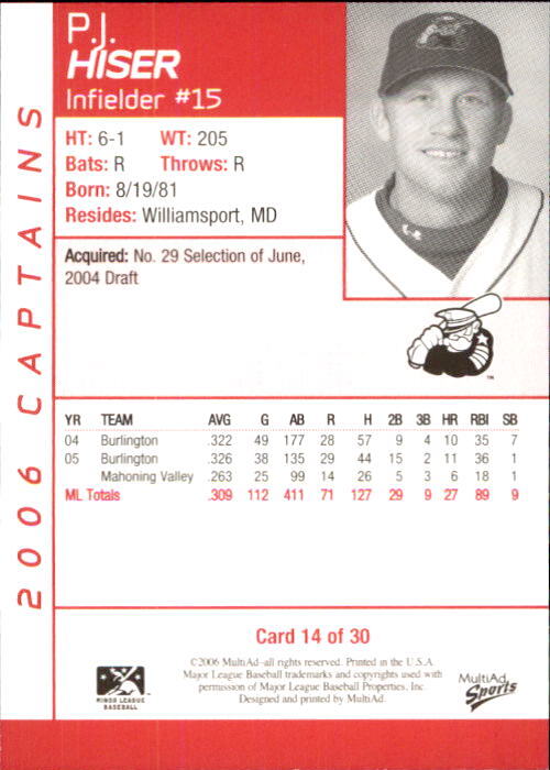 2006 Lake County Captains Multi-Ad #14 P.J. Hiser Williamsport Maryland ...
