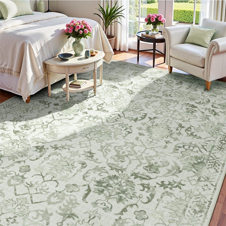Sage Neutral Large Area Rug 9x12 for Living Room, Washable Rug for ...