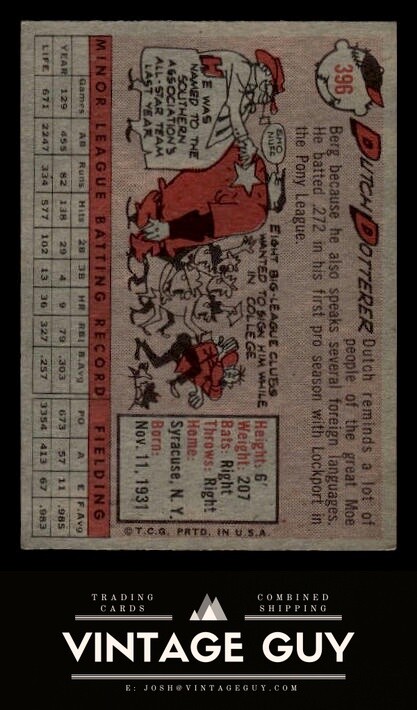 1958 Topps #396 Dutch Dotterer RC Vintage Cincinnati Redlegs Baseball ...