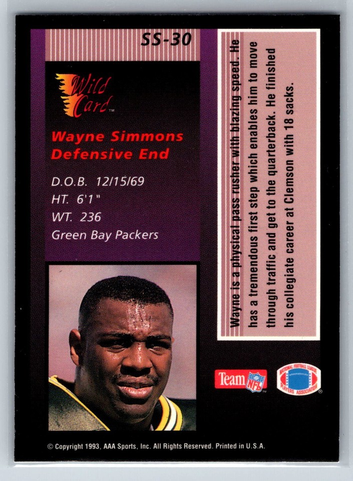 1993 Wild Card Wayne Simmons Rookie Stat Smashers Rookies Packers RC #SS-30 | eBay