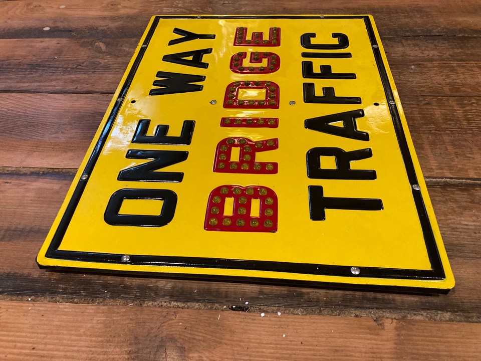 Cat Eye Reflector Embossed Steel Road Sign - "One Way Bridge Traffic ...