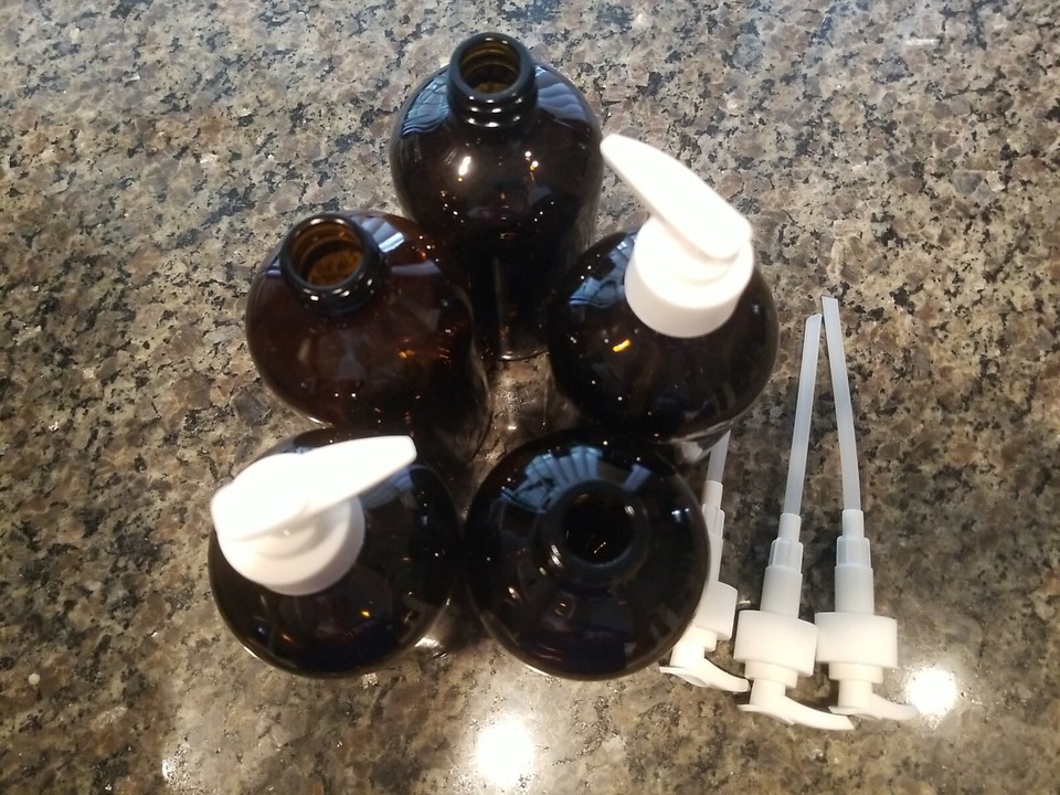 16 oz Amber Boston Round Glass pump Bottle 5 with white pumps 16oz pump ...