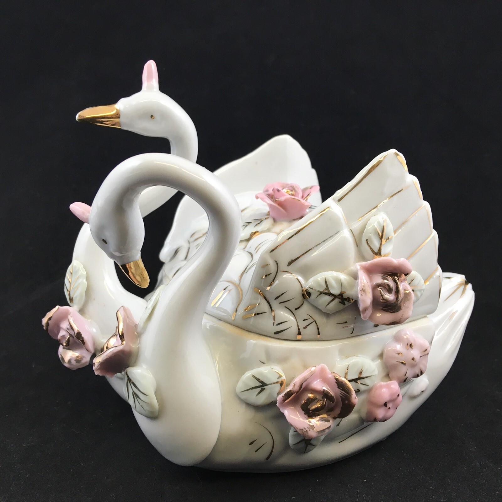 Tilso Pair Swans Porcelain Trinket Box Japan Capodimonte Pink Porcelain ...