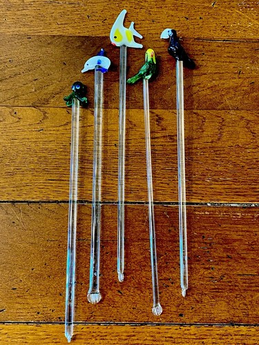 5 Beach Nautical Glass Swizzle Sticks Birds Fish Parrot Toucan Dolphin ...