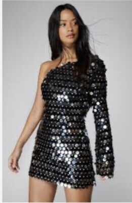 Nasty Girl One Shoulder Black Mirror Disk Dress Size 4 NWT SOLD OUT | eBay