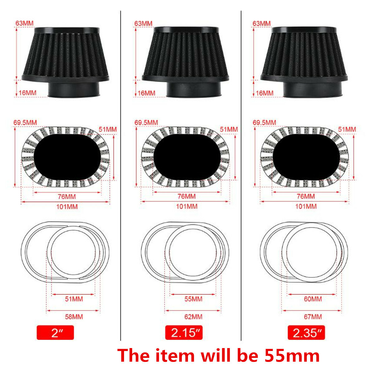 2Pcs 55mm Cold Air Intake High Flow Cone Filter Metal Kits Fit For ...