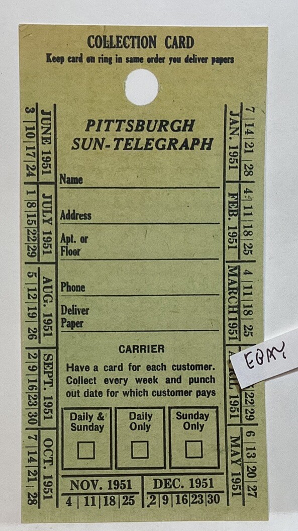 1951 PITTSBURGH SUN-TELEGRAPH PA. NEWSPAPER NEWSBOY COLLECTION CARD NEW ...