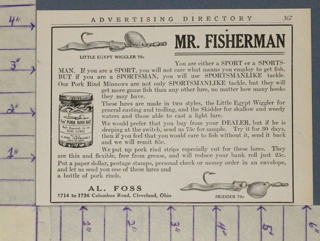 1916 AL. FOSS LURE BAIT FISH OUTDOOR WIGGLER SKIDDER DECOR HISTORIC AD ...