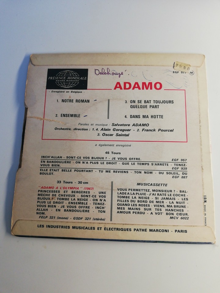 N1090 Vinile 45 Giri Adamo , Notre Roman, Set, Dans Ma Cappa, Paris | eBay