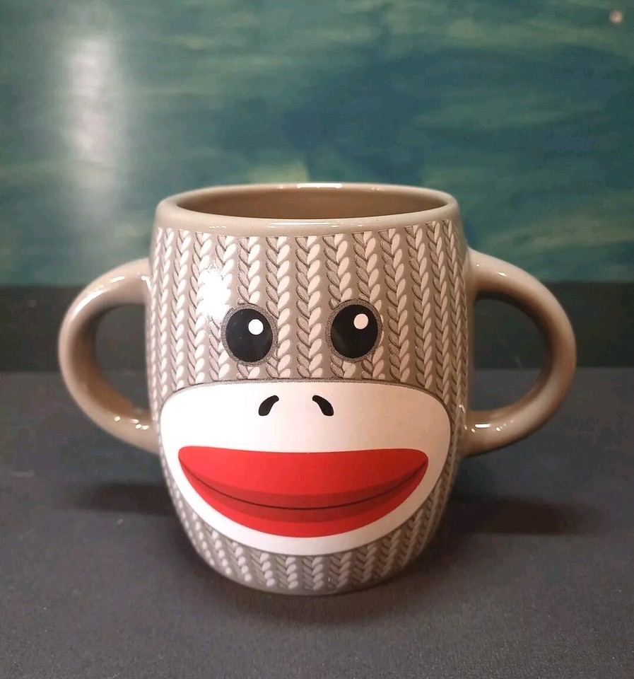 Sock Monkey Coffee Mug By Galerie 16 oz Double Handle Gray Cocoa Mug | eBay