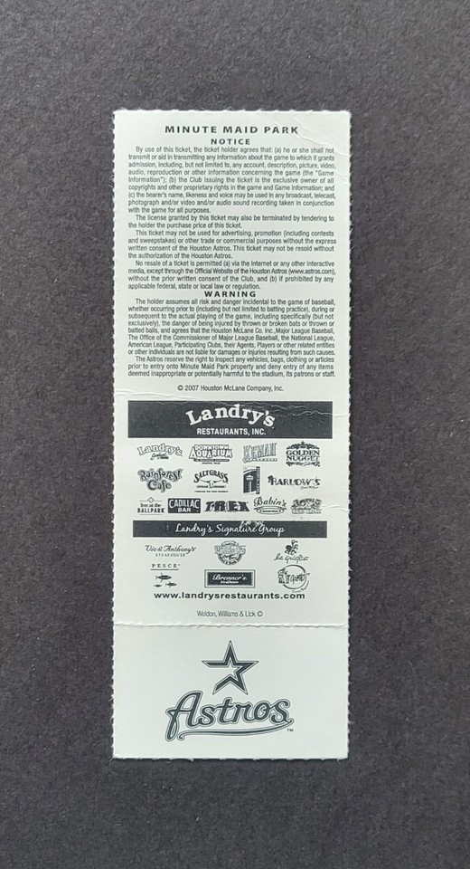 Astros vs Braves 2007 unused baseball ticket Craig Biggio last major ...