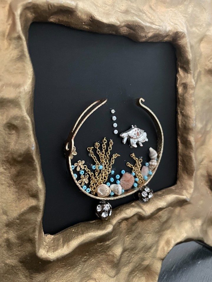 handmade costume jewelry framed art sea turtle aquarium 9"x9" shells | eBay