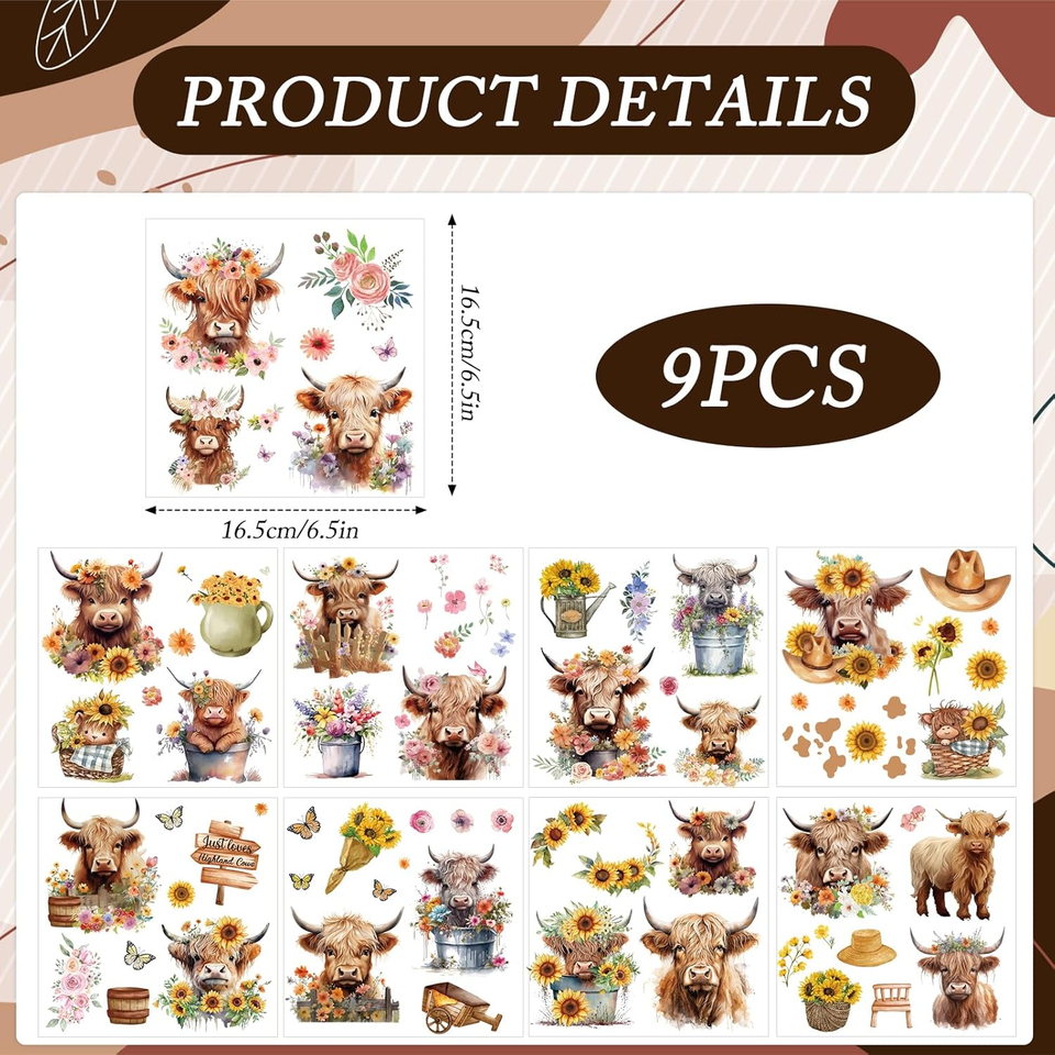 Highland Cow Rub on Transfers for Crafts - 9 Sheets Sunflower Rub on ...