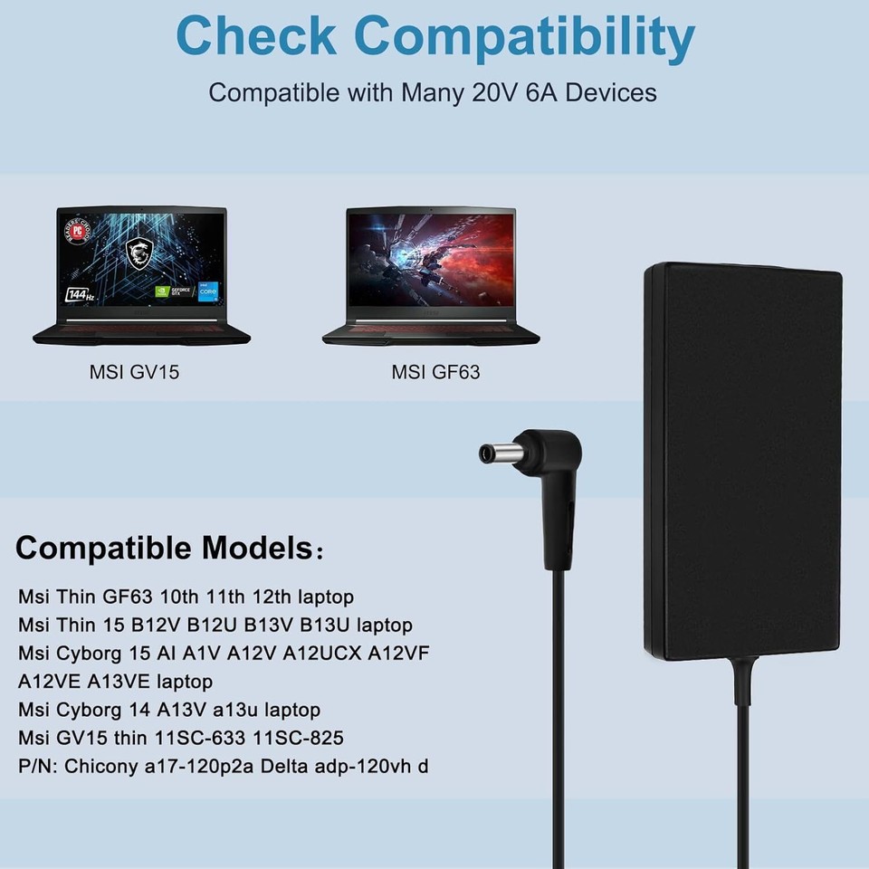 20V 6A 120W Laptop Charger for MSI GV15 Thin 10 11 12Th MSI MS-16R5 MS ...