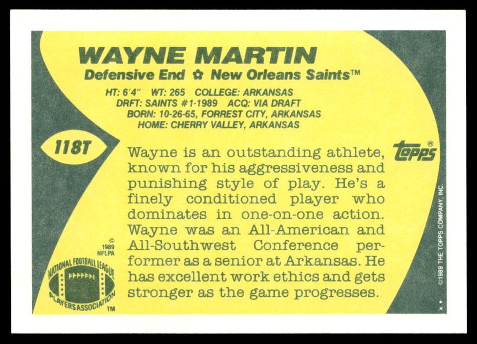 1989 Topps Traded #118T Wayne Martin New Orleans Saints Football Card ...