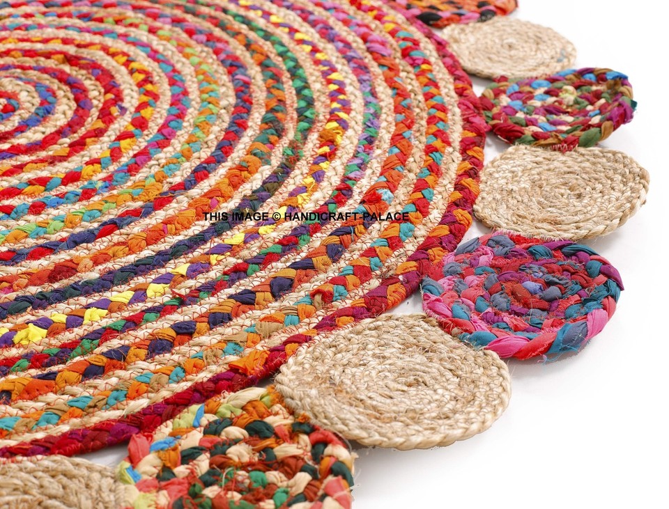 Indian Braid Cotton & Jute Multi Colour Round Floor Rug Mat Pinwheel 3 ...