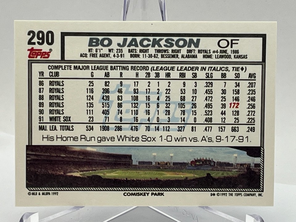 1992 Topps Major League Baseball Card #290 Bo Jackson Chicago White Sox ...
