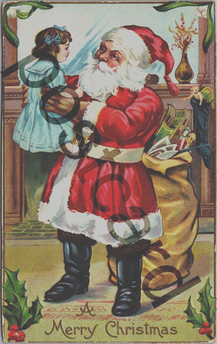 A Merry Christmas, Santa lifting girl, presents, embossed postcard ...