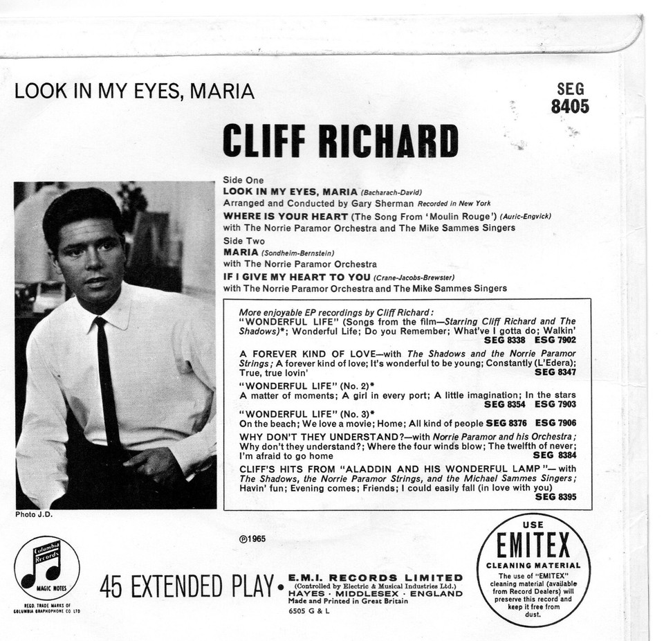CLIFF RICHARD LOOK IN MY EYES MARIA +3 UK COLUMBIA 4trk PS EP 60s POP ...