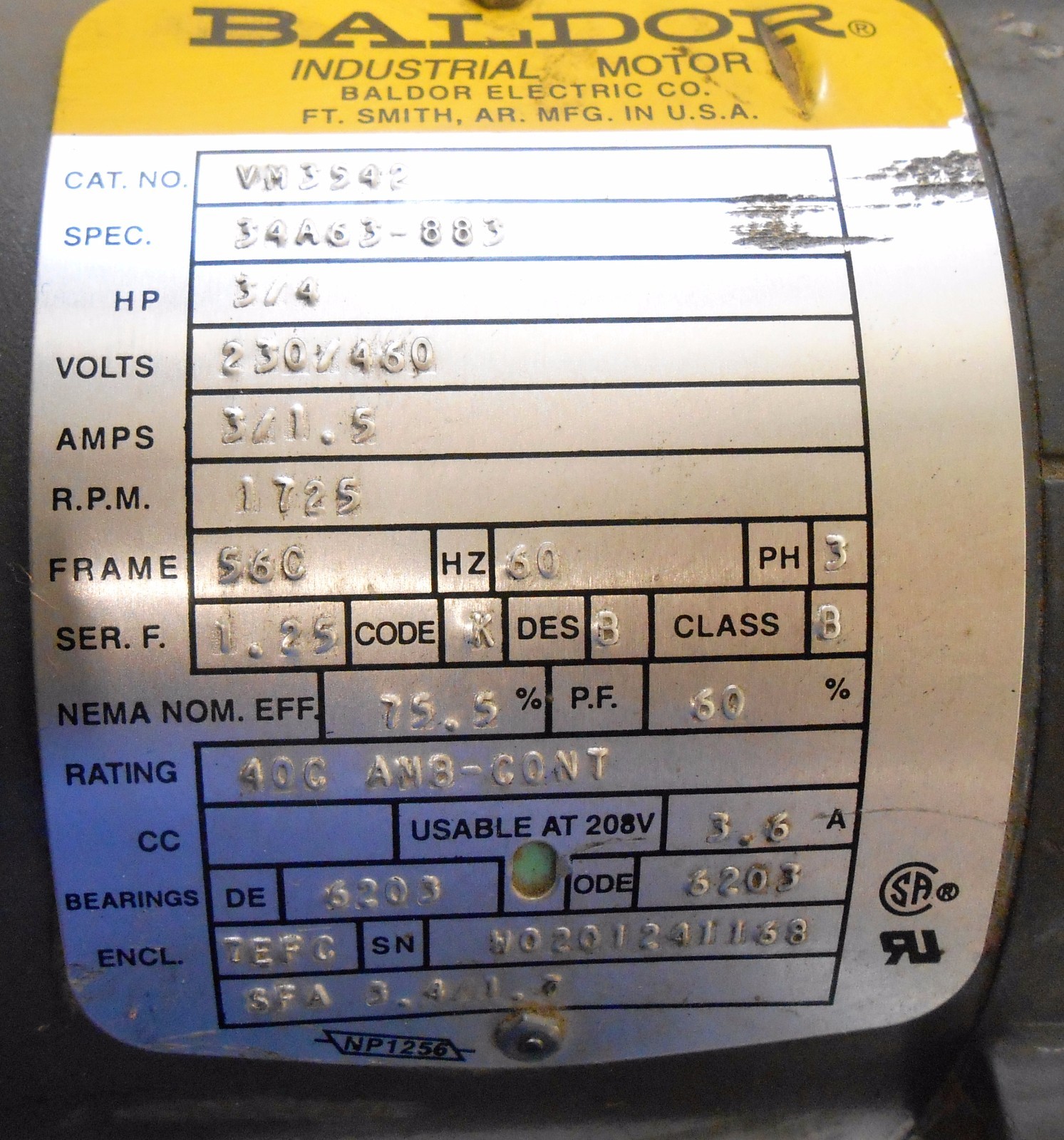 BALDOR INDUSTRIAL MOTOR, VM3542, 34A63-883, 3/4 HP, 230/460 VOLTS, 3/1 ...